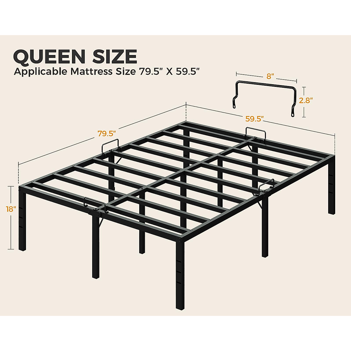 KKL Queen Bed Frame, 18 Inch Heavy Duty Steel Platform with Mattress Anti-Slip Rods, Bed Frame with Underneath Storage Space, No Box Spring Needed, Easy Assembly, Black