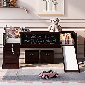 Twin Loft Bed for Kids Toddlers, Wood Low Loft Bed with Slide/Chalkboard/Two Storage Boxes/Climbing Rope/Climbing Frame, 4 Colors for Girls and Boys (Gray+Climbing Frame)