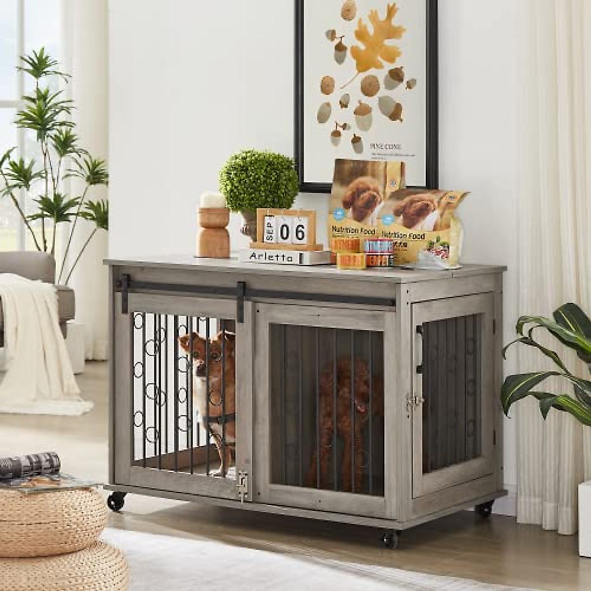 Rophefx Dog Crate Furniture with Sliding Door, Dog Kennel Indoor with Partition for Two Puppies, Dog Cage with Flip-up Top and Wheels, Chew-Resistant Wooden Dog House, Grey