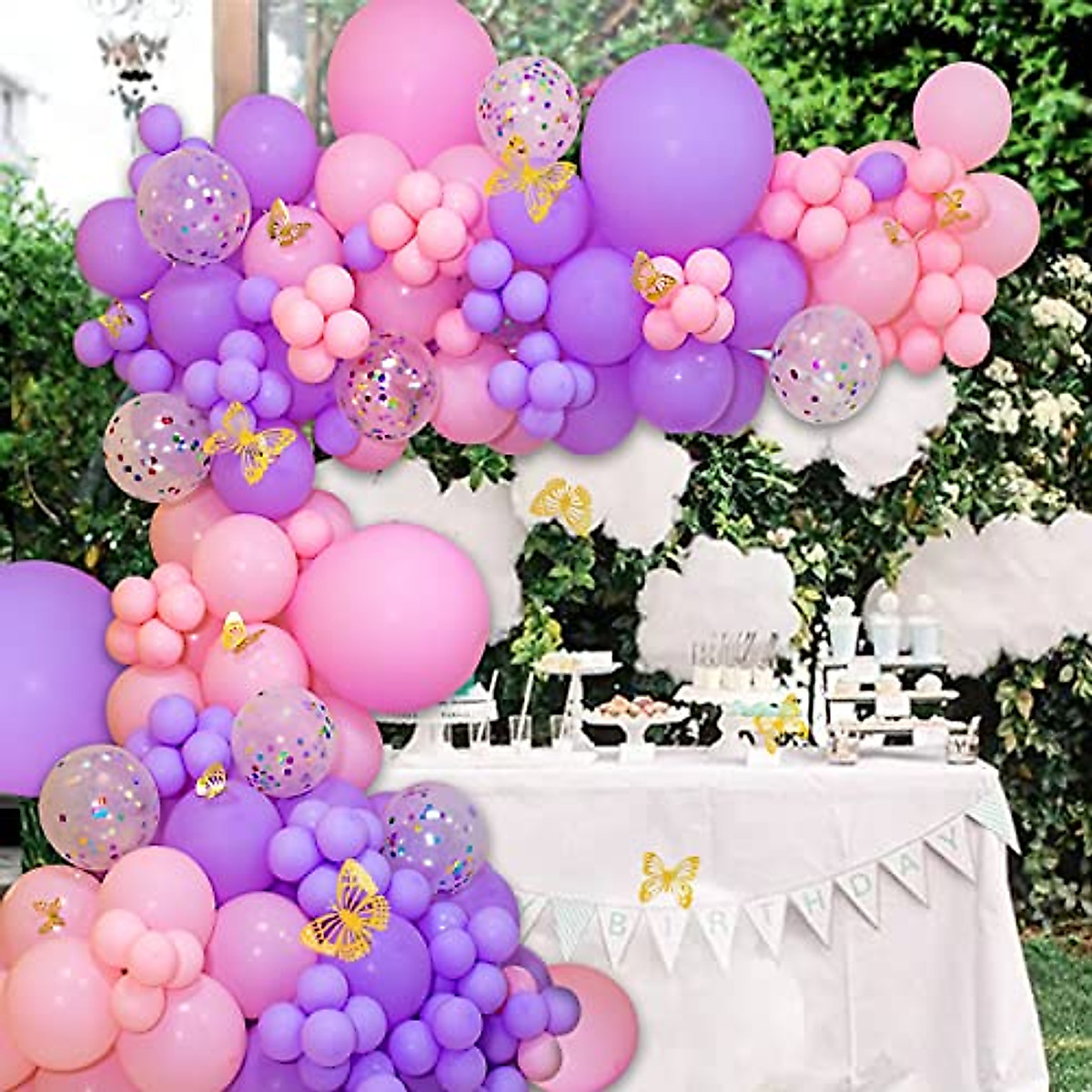 Pastel Pink Purple Balloon Garland Arch Kit 129 Piece Butterfly Theme Balloon Arch with Confetti Latex Balloons for Girls Women Birthday Baby Bridal Shower Wedding Party Decoration