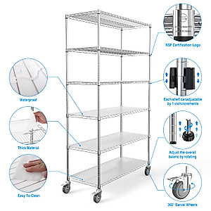 NSF Heavy Duty 6-Tier Metal Wire Shelving Unit - 6000lbs Capacity, Adjustable, with 5in Wheels/Leveling Feet and Shelf Liners - Ideal for Garage, Kitchen, and More - Chrome, 20"D x 48"L x 84.5"H