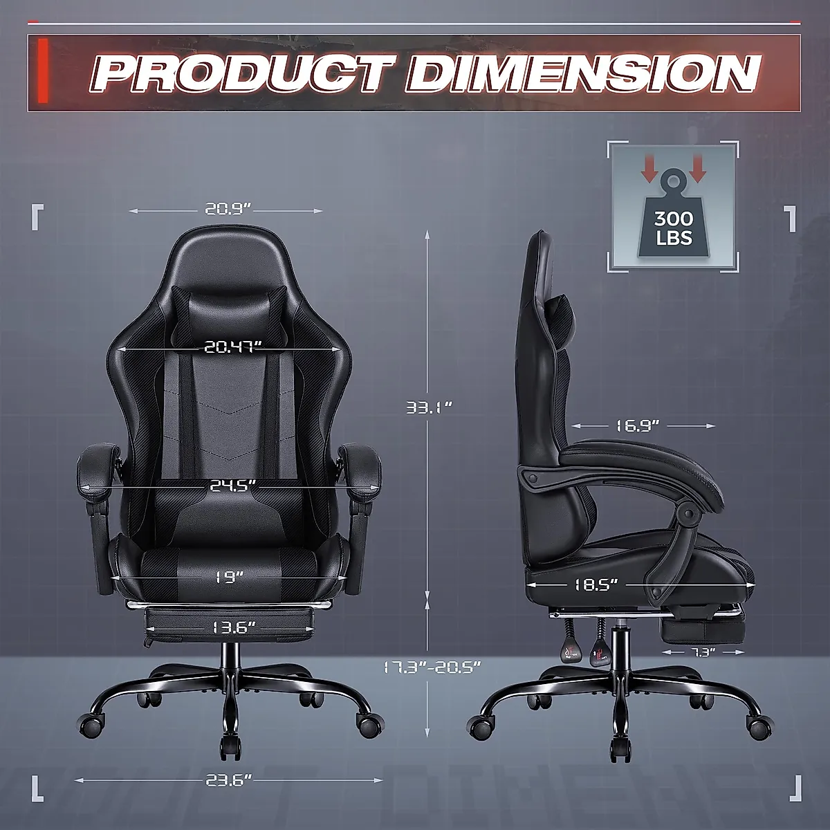 Furmax Gaming Chair, Video Game Chair with Footrest and Massage Lumbar Support, Swivel Seat Height Adjustable Computer Chair with Headrest, Racing E-Sport Gamer Chair (Black)