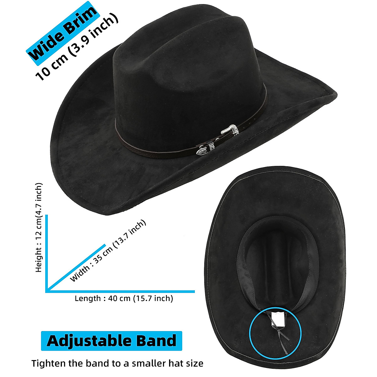 BESOOGII Wide Brim Felt Cowboy Hat for Women Men Western Cowgirl Hats (L, Black)