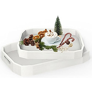 TOPZEA Set of 2 Rustic Wood Serving Tray with Handle, Whitewashed Ottoman Tray Decorative Tray Breakfast Tray on Bed, Shabby Chic Coffee Table Centerpieces Tray Serving Tray for Food, Vase, Perfume