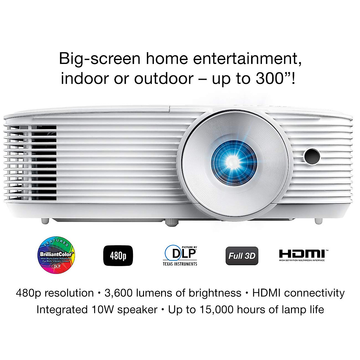 Optoma SH360 Affordable Home Projector | Indoor or Outdoor Movies, Up to 300" | 480p Ready | Bright 3600 Lumens | Compatible with Fire Stick, Roku & More | Integrated Speaker | Up to 15,000hr Lamp