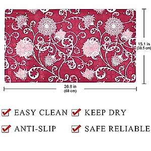 Bath Tub Shower Mat - Anti-Slip PVC Material 15.1x26.8 in, Gentle Cushioning Quick Drying Suction Cups Reliable Solution - Chrysanthemum Pattern - Red Non-Slip Floor Mat