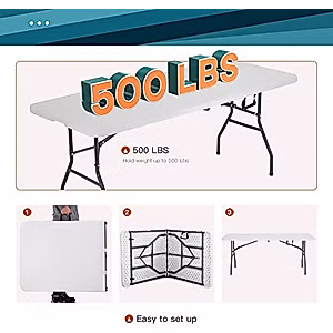 FDW Folding Tables, Plastic 6ft Folding Table,Half Portable Foldable Table for Parties, Backyard Events,White