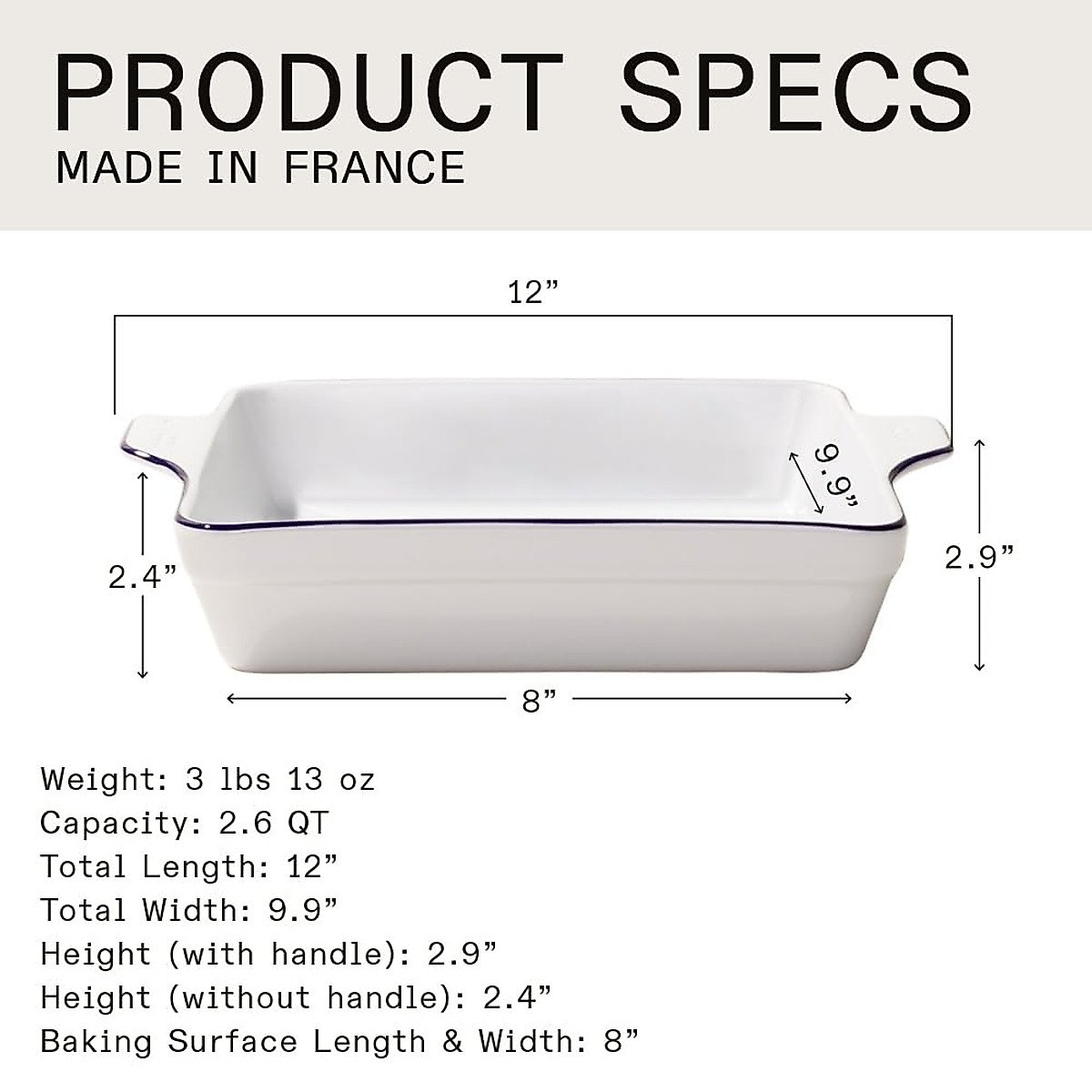 Made In Cookware - Square Baking Dish - Navy Rim - Hand Crafted Porcelain - Professional Bakeware - Made in France