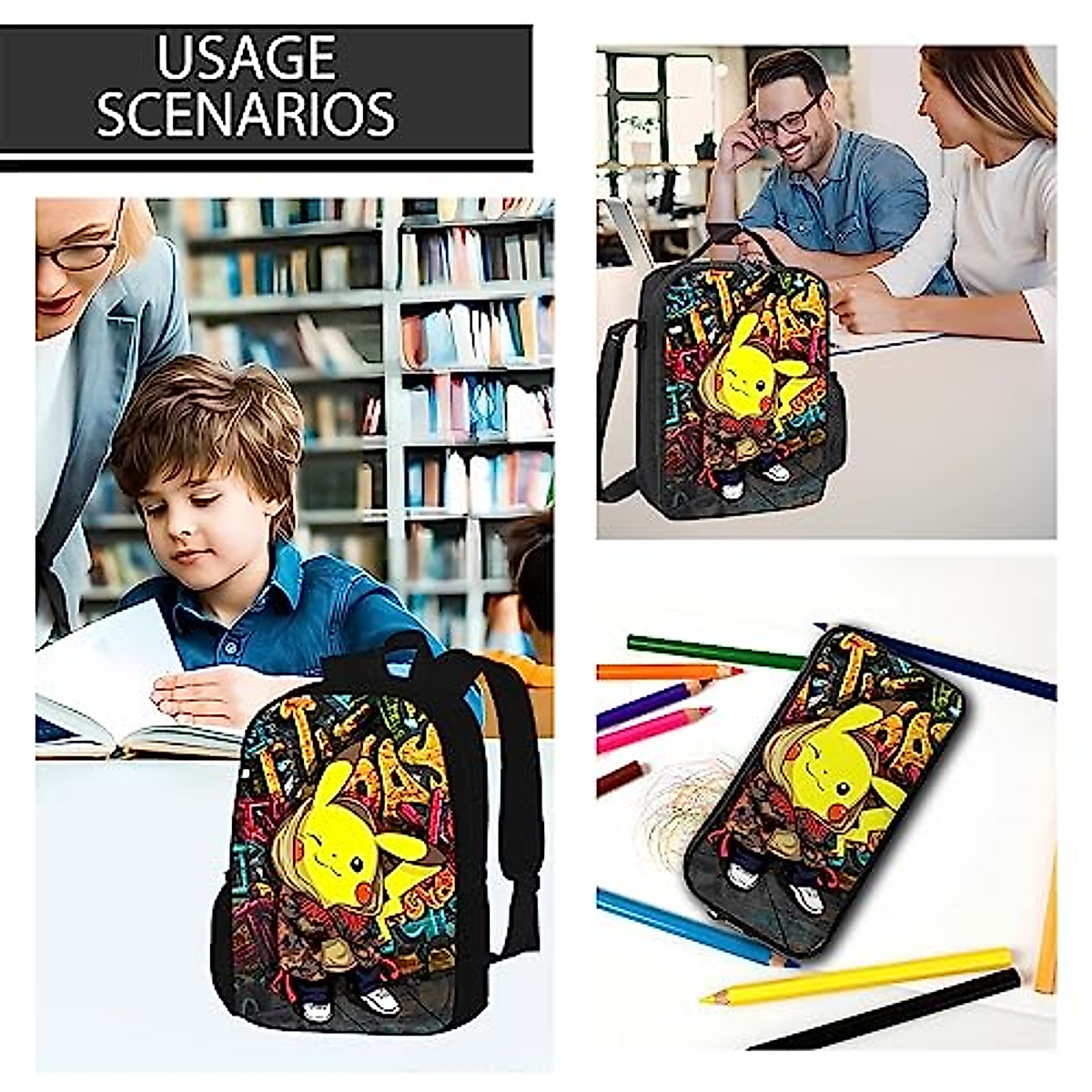 Brgowtem Lightweight Backpack Set, 3PCS Includes 17 Inch Large Capacity Durable Bookbag, Strap Lunch Bag, Pencil Case for Girls Boys Teens