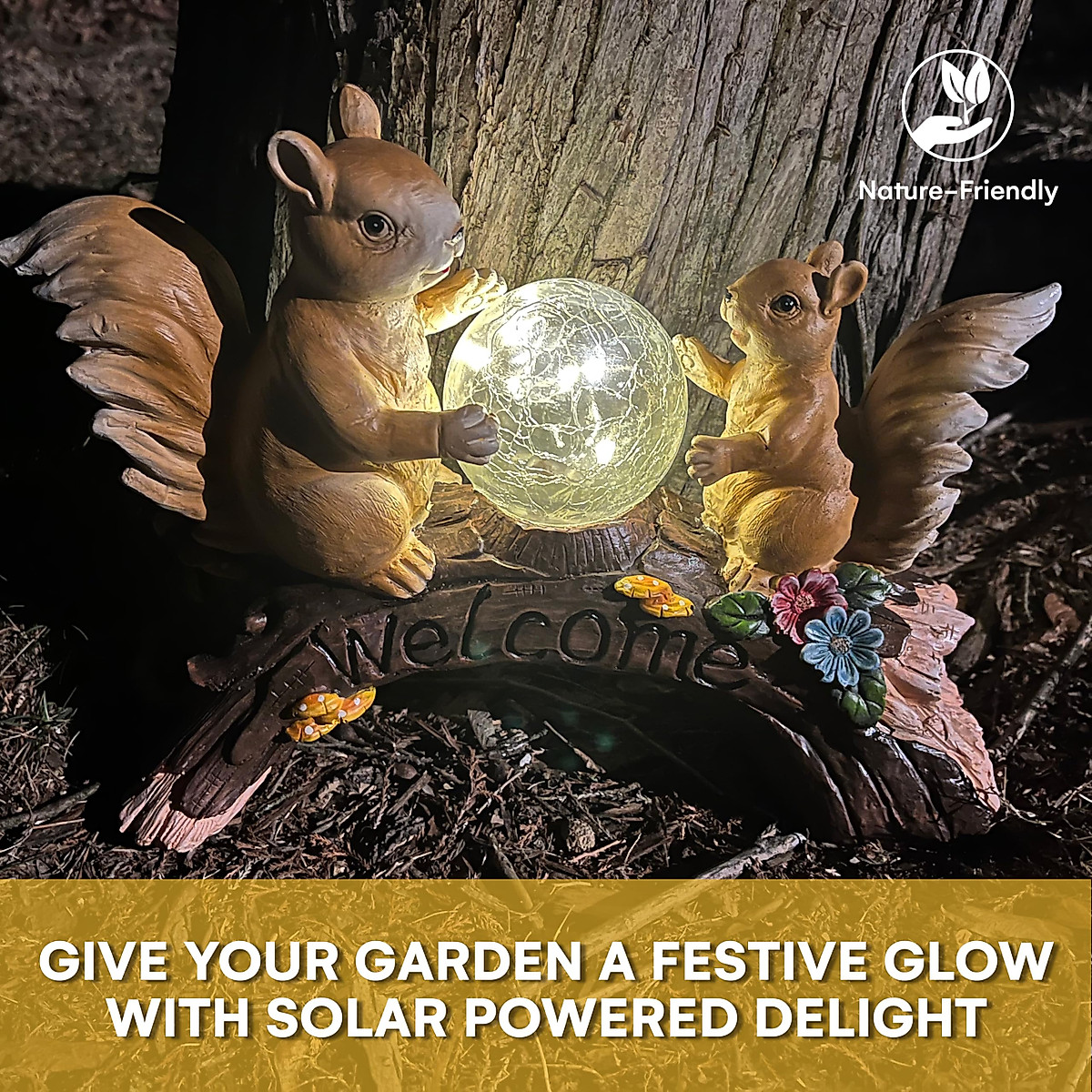 VP Home Enchanted Welcome Squirrels Solar Powered LED Outdoor Decor Garden Light with Crackled Glass Globe Welcome Squirrel Statues Outdoor Bird Decor Figurine Decor for Outside Patio, Yard, Lawn