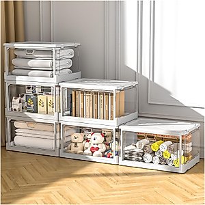 Clear Storage Bins with Lids 3 Packs - 24Qt Stackable Storage Bins, Acrylic Organizers , Plastic Multifunctional Folding Storage Bins, Collapsible Stackable Storage Box for Bedroom, Living Room