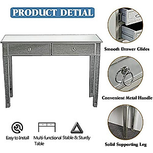 Binrrio Mirrored Console Table, Silver Glass Mirrored Makeup Vanity Table Desk for Women, Writing Desk Media Console Table for Home Living Room Bedroom Office Smooth Finish (Sliver-2 Drawers)