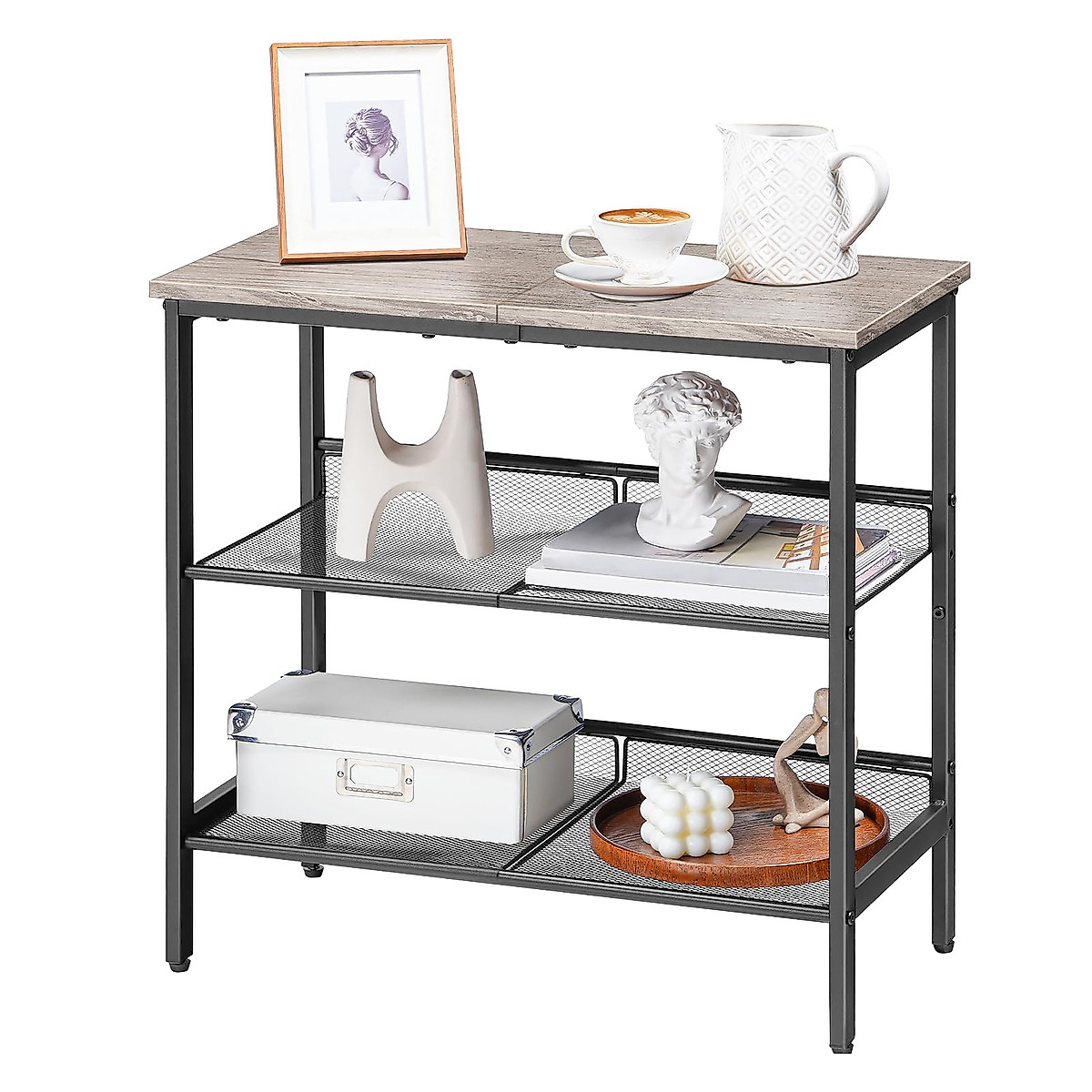 HOOBRO Side Table, 3-Tier Narrow End Table, Nightstand with 2 Flat or Slant Adjustable Shelves for Small Spaces, Hallway, Living Room, Bedroom, Sturdy, Easy Assembly, Greige and Black BG23BZ01G1