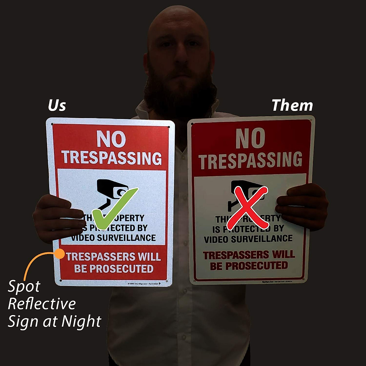 SmartSign 14 x 10 inch “No Trespassing - Property Protected by Surveillance, Trespassers Prosecuted” Metal Sign, 40 mil Aluminum, Engineer Grade Reflective Material, Red, Black and White