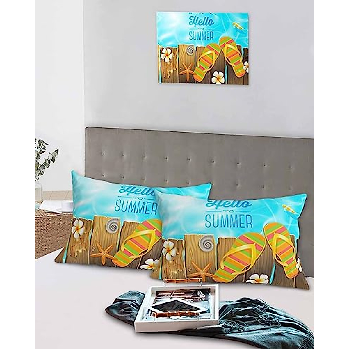 Edwiinsa Hello Summer Pillow Covers King Standard Set of 2 20x36 Bed Pillow, Tropical Ocean Starfish Slippers Spring Floral Plush Soft Comfort for Hair/Skin Cooling Pillowcases with Envelop Closure