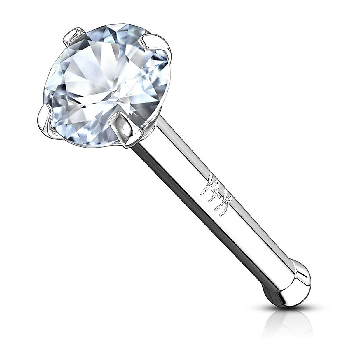 Forbidden Body Jewelry 14k White Gold Nose Ring, 20g, Solid 6mm Stud, 2mm CZ Simulated Diamond, Non-Irritating Skin Safe Real Gold, Women and Men