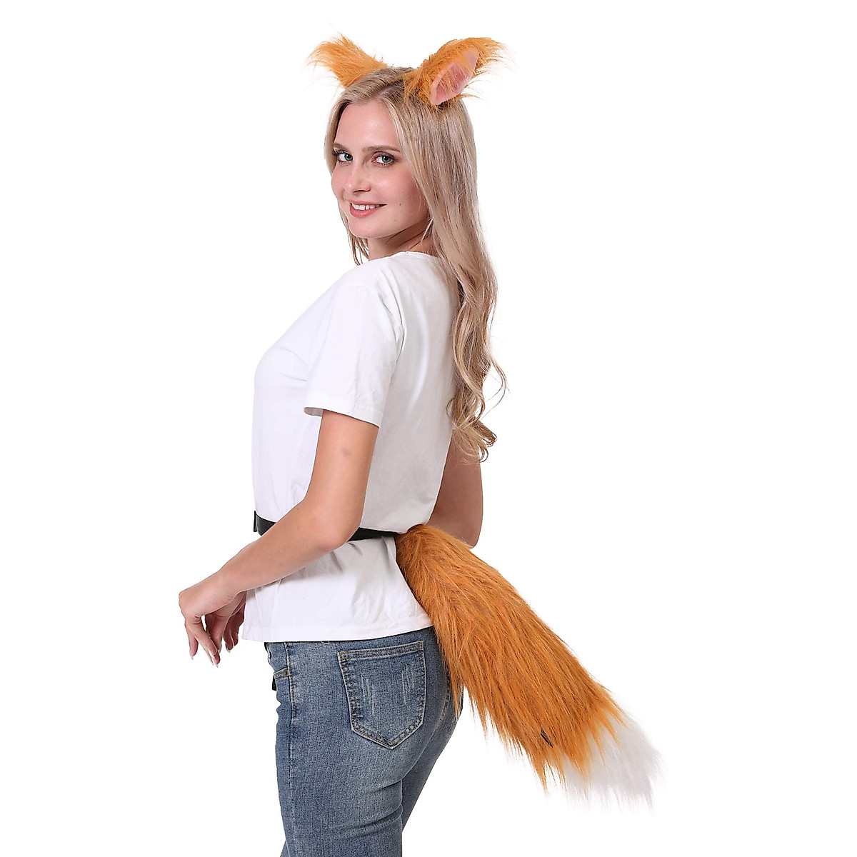 LA CARRIE Plush Tail and Ears Faux Fur Animal Fox Wolf Costume Kit for Unisex Kids Adult Party Halloween Fancy Dress Cosplay(Khaki)