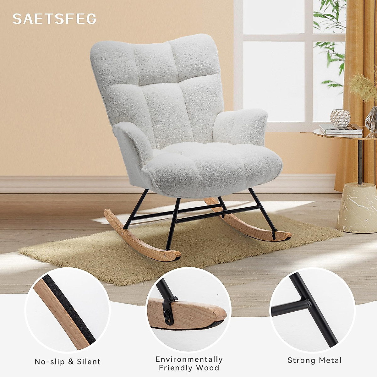 SAETSFEG Nursery Rocking Chair Teddy, Upholstered Glider Rocker with High Backrest, Comfortable Stylish Accent Armchair with Padded Seat for Living Rooms, Bedrooms, White