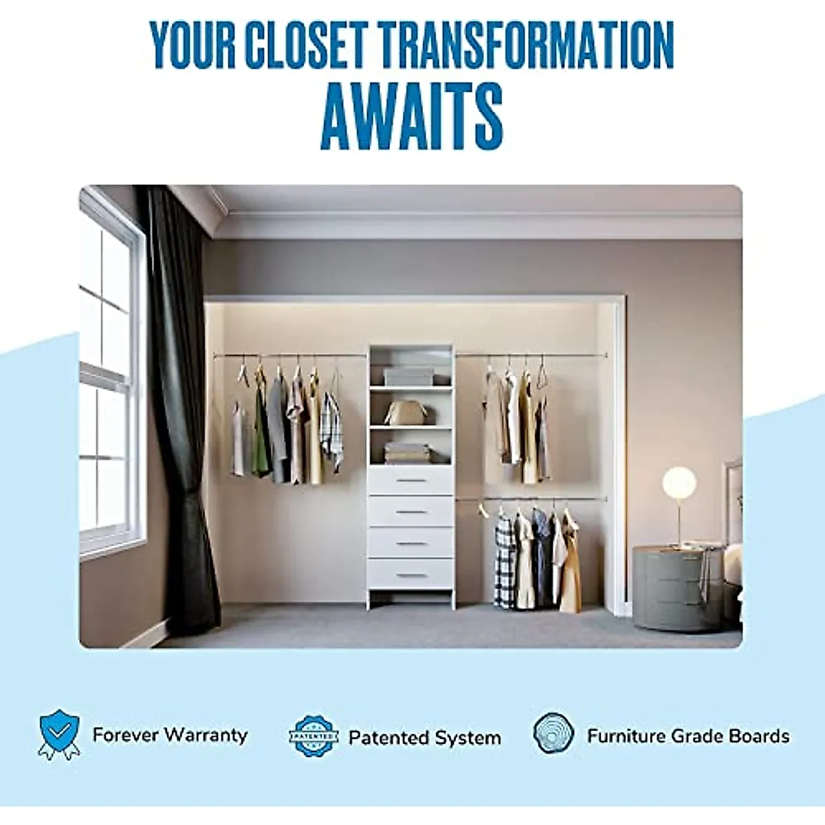 MC Modular Closets Closet Shelves Tower With Hanging Kit - Built In Organizer System Corner Organizers And Storage Shelves Shelving Expands From 52'' 120'' (EXTW-AS-25.5) (Shelves and Drawers), White