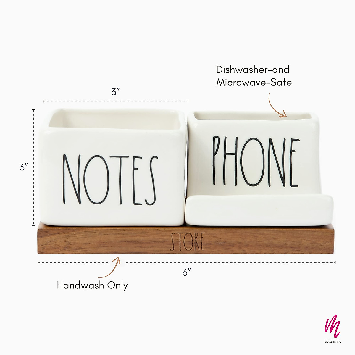 Rae Dunn Desk Organizer, Ceramic and Wood Organizer Tray with Cell-Phone Holder, Note-Card Holder, and Pen Holder, Organizer for Office Desk Accessories