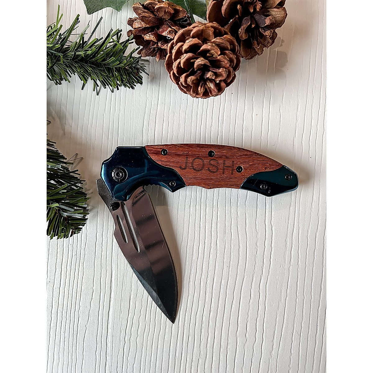Personalized POCKET KNIFE Engraved Wood Folding Knive Stainless Steel l Standard Edge 5" Blade Wood Handle With Ultra-Secure & Comfortable Belt Clip Custom Gifts for Him Men Dad Boyfriend Father Husband Anniversary Groomsmen (Knife Engraved)