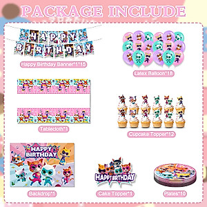 Super Cat Birthday Party Supplies - Super Cartoon Kitty Birthday Decorations with 18X Balloons, Birthday Banner, Tablecloth, Cake Topper, 12X Cupcake Toppers, 10X Plates, Backdrop for Fans Kids