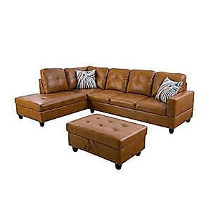 AYCP Contemporary Sectional Sofa w/Chaise and Storage Ottoman|3-Piece L-Shape Living Room Furniture|Faux Leather Upholstery|High-Density Memory Foam Cushions|(2) Toss Pillows (Ginger Left Facing)
