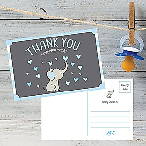 Hadley Designs 50 4x6 Elephant Boy Baby Shower Thank You Postcards Bulk, Beautiful Modern Cute Boho Blue Blank Thanks Note Card Stationery Appreciation Set