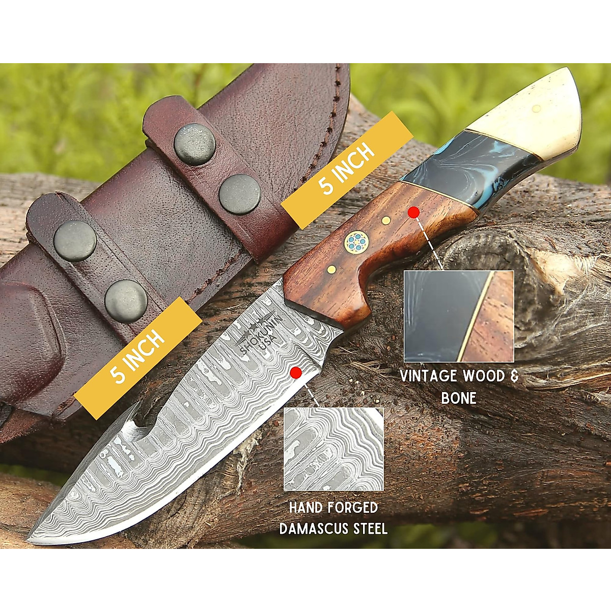 SHOKUNIN USA CaptainHook Hunting Knife High Carbon Steel Damascus Fixed Blade Full Tang Survival Tactical Knife with Sheath and Non-Slip Ergonomic Handle for Outdoor Camping