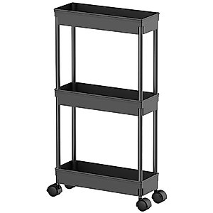 Sooyee 3 Tier Rolling Cart with Wheels,Slim Storage Cart,Narrow Storage Cabinet,Under Desk Storage,Rolling Utility Cart Storage Organizer for Office Bathroom Kitchen Laundry Room Narrow Places, Black