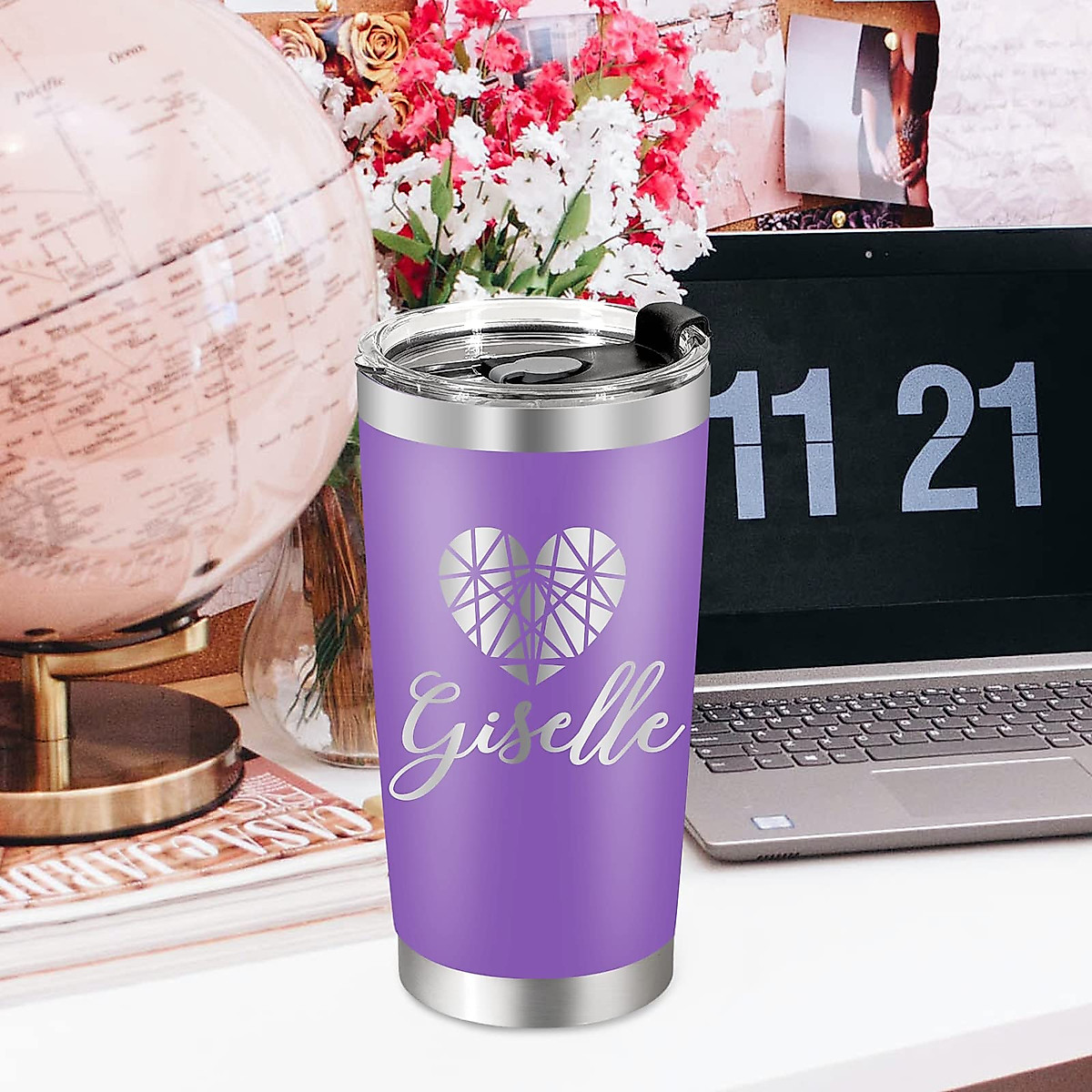 Personalized Tumbler with Engraved Name - 21 Designs Double Wall Insulated with Slider Lid 20oz Coffee Tumbler- Personalized Gift for Birthday Christmas for Men Women