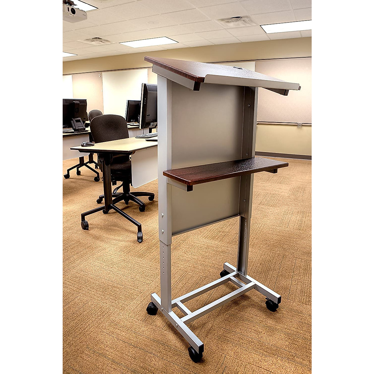 Stand Up Desk Store Mobile Adjustable Height Rolling Lectern Podium with Heavy Duty Steel Frame (Silver Frame/Dark Walnut Shelves, 25.5" Wide)