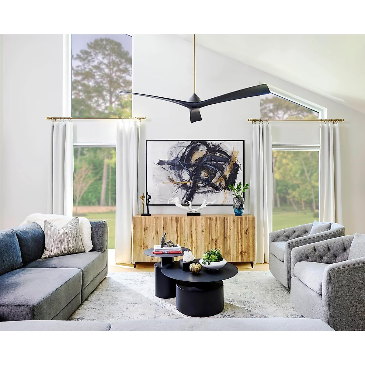 LUZAIRE DESIGN Oxygen 3-120-2115 | Mecca 64 Inch Three Blade Contemporary Modern Smart Ceiling Fan – Black & Walnut Finish | Three Speed Reversible Motor |