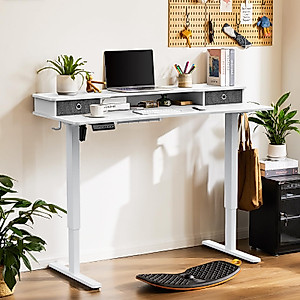 Electric Standing Desk with Double Drawers, 40 x 24 Inch Adjustable Height Sit Stand Up Desk with Storage Shelf for Home Office Computer Table Workstation with Splice Board