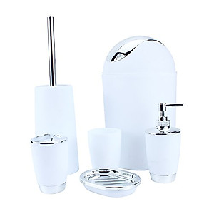 Bathroom Accessories Set, 6 Piece Modern Bath Accessory Bathroom Supplies Set Includes Emulsion Bottle, Tooth Brush Holder, Soap Dish, Gargle Cup, Bin and Toilet Brush for Housewarming Gift, White