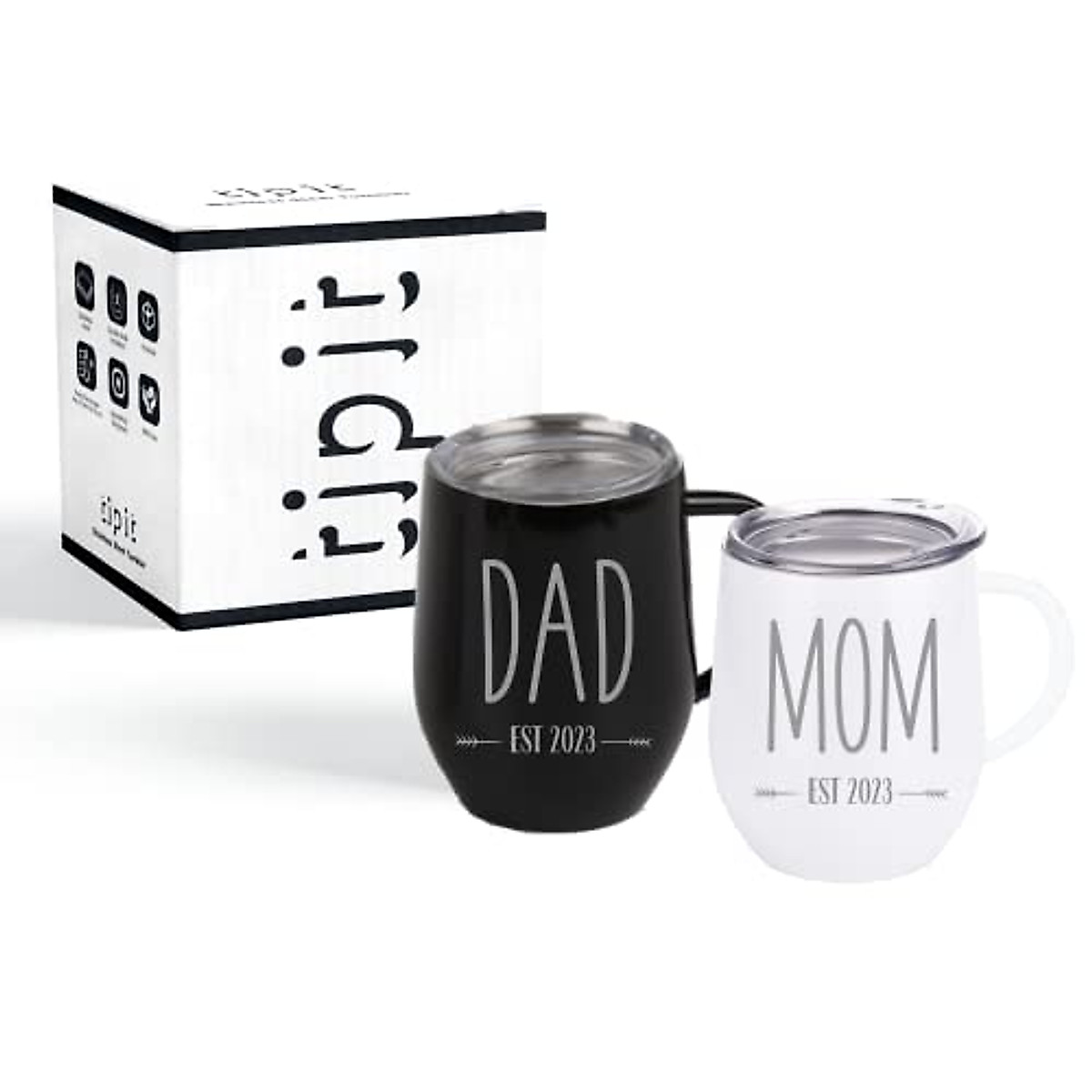 Pregnancy Gift Est 2023- Mom Est 2023 DAD Est 2023 ENGRAVED Stainless Steel Coffee Tumblers - Gift Set for New Parents to Be-Baby Shower Gifts for Parents -Mom and Dad Mugs for Expecting Parents