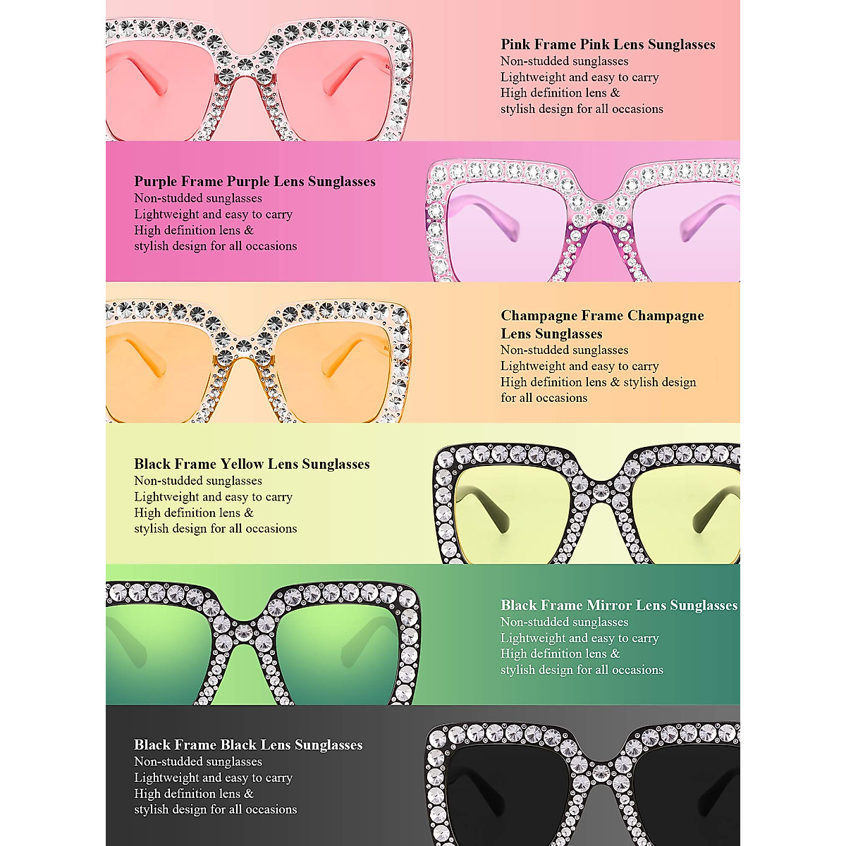 Frienda 6 Pieces Oversize Square Sparkling Sunglasses Retro Thick Frame Sunglasses (Light Purple, Light Gray, Clear Pink, Clear Tawny, Light Yellow, Pink)