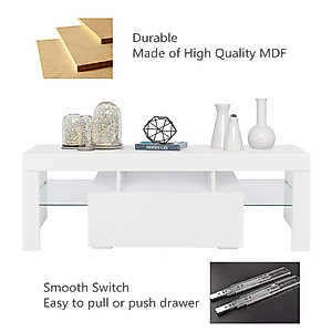 MTFY Modern TV Stand with LED Light, Entertainment TV Stand Cabinet with Single Drawer, Television Table Center Furniture for Living Room Bedroom, for 52'' TV, White