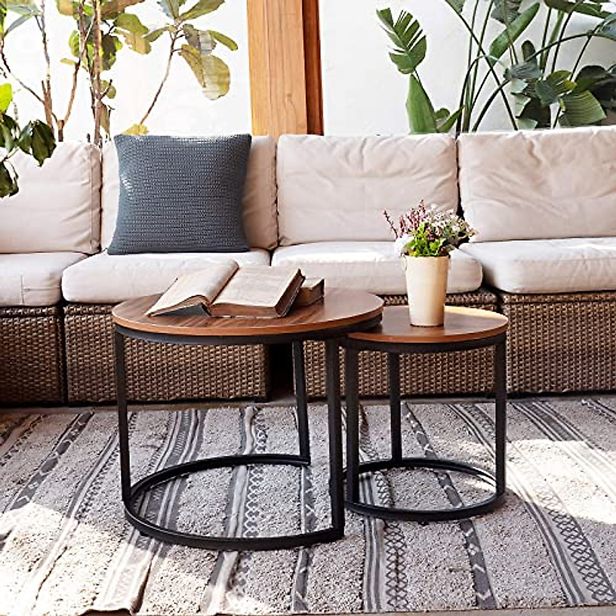 aboxoo Coffee Table Nesting Side Set of 2 End Table Top Sturdy Metal Frame Desk Centerpiece Living Room Bedroom Apartment Modern Industrial Simple Nightstand