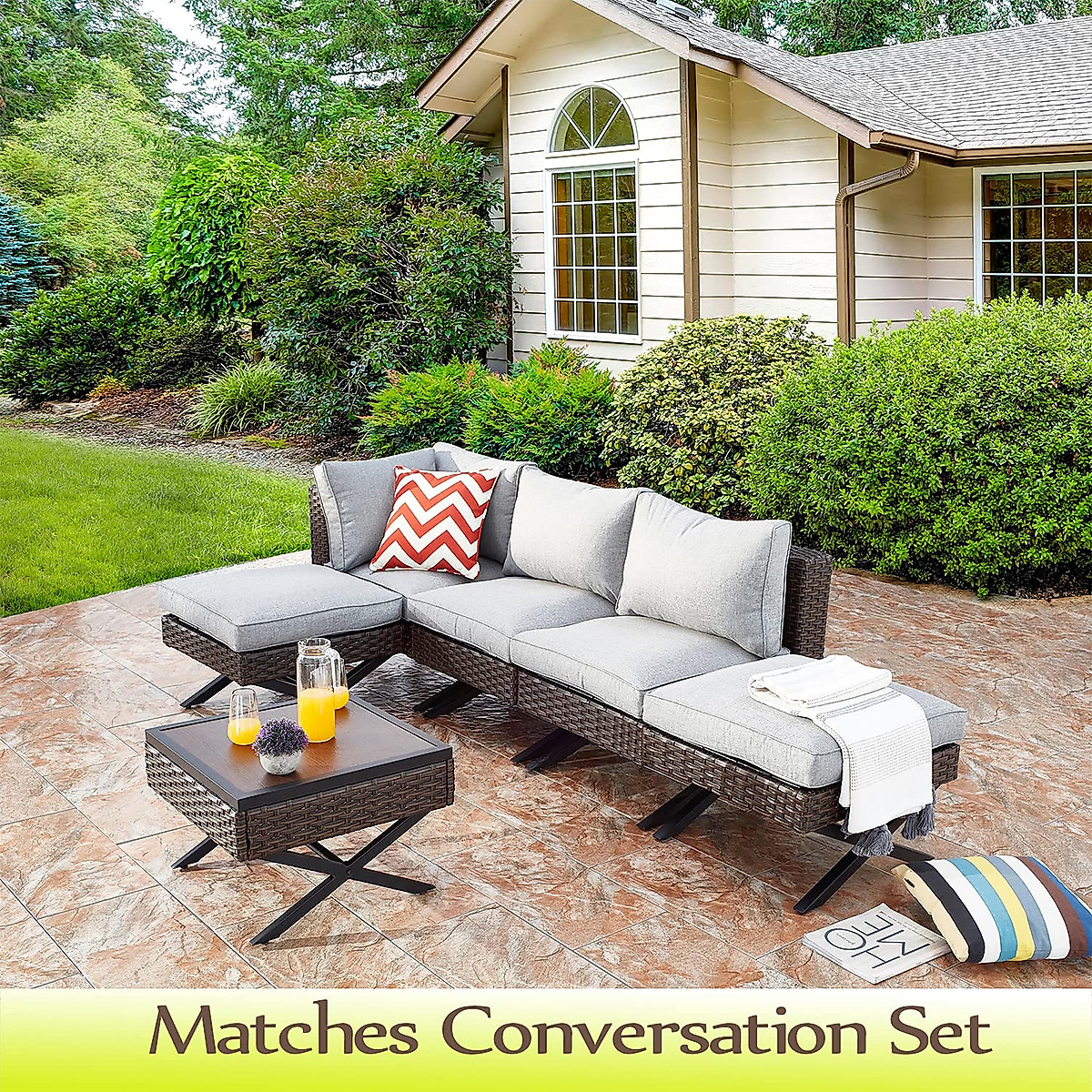 Sports Festival Outdoor Furniture Side Coffee Table Patio Bistro Table with Wood Grain Tabletop with Metal Frame and X Shaped Leg Wicker Rattan Table for Porch Yard