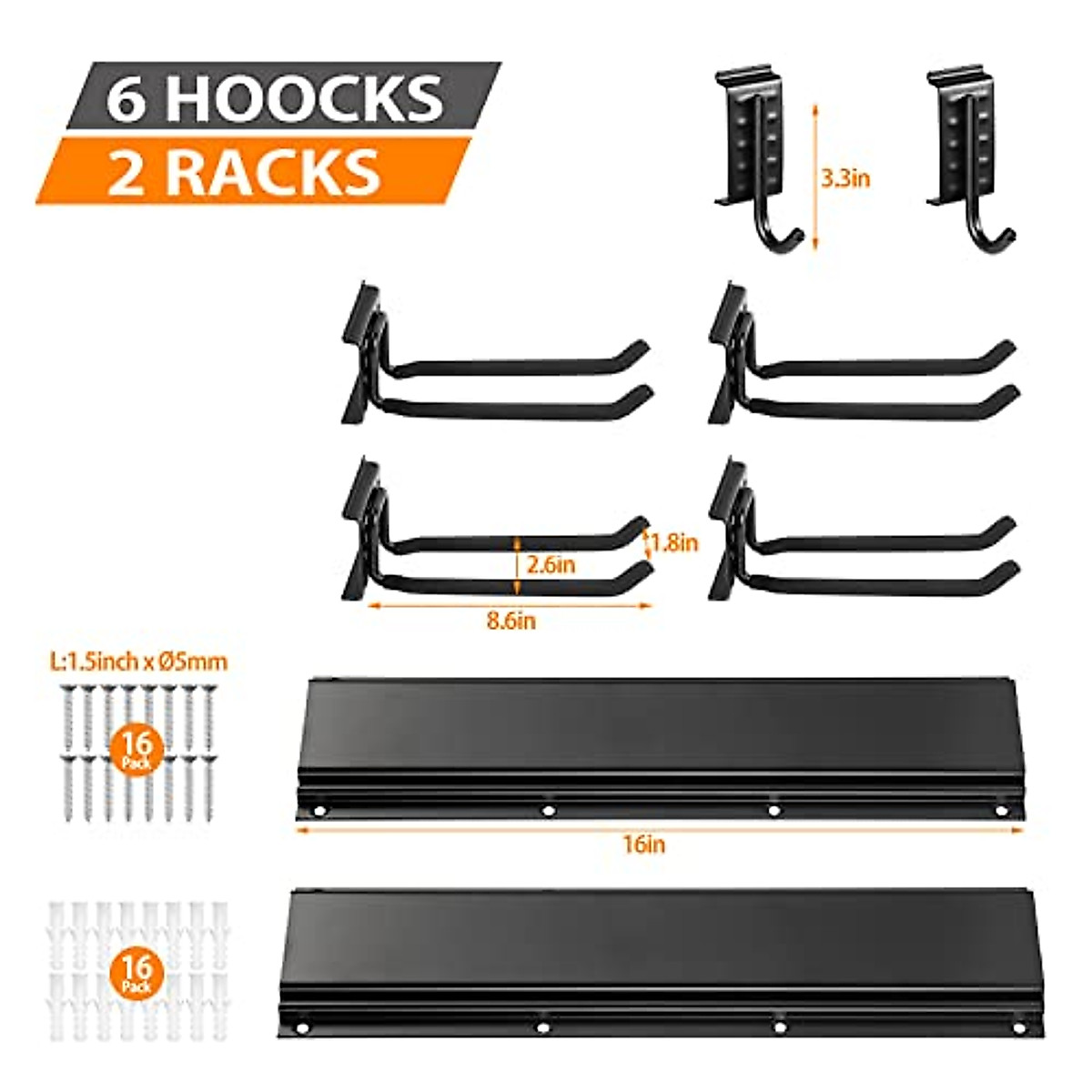 Garage Tool Organizer Storage Rack, Garage Organizers Wall Mount Storage System with 6 Removable Hooks, Super Heavy Duty Steel Garden Tool Hanger Rack for Chair, Broom, Mop, Rake Shovel Yard Tools