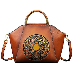 Zhuoliang Italian Retro Leather Handbags Vintage Embossing Totem Satchel + Handmade Mandala Totem Purse