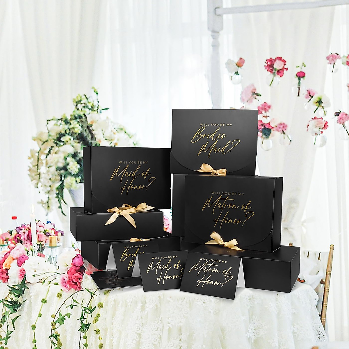 WLUSEAXI 16 Pieces Bridesmaid Proposal Box Set, 8 Pack Bridesmaid Boxes & Cards, Matron of Honor Proposal Gift Box, Maid of Honor Box, Will You be My Bridesmaid Box for Bridesmaids Gifts (Black)