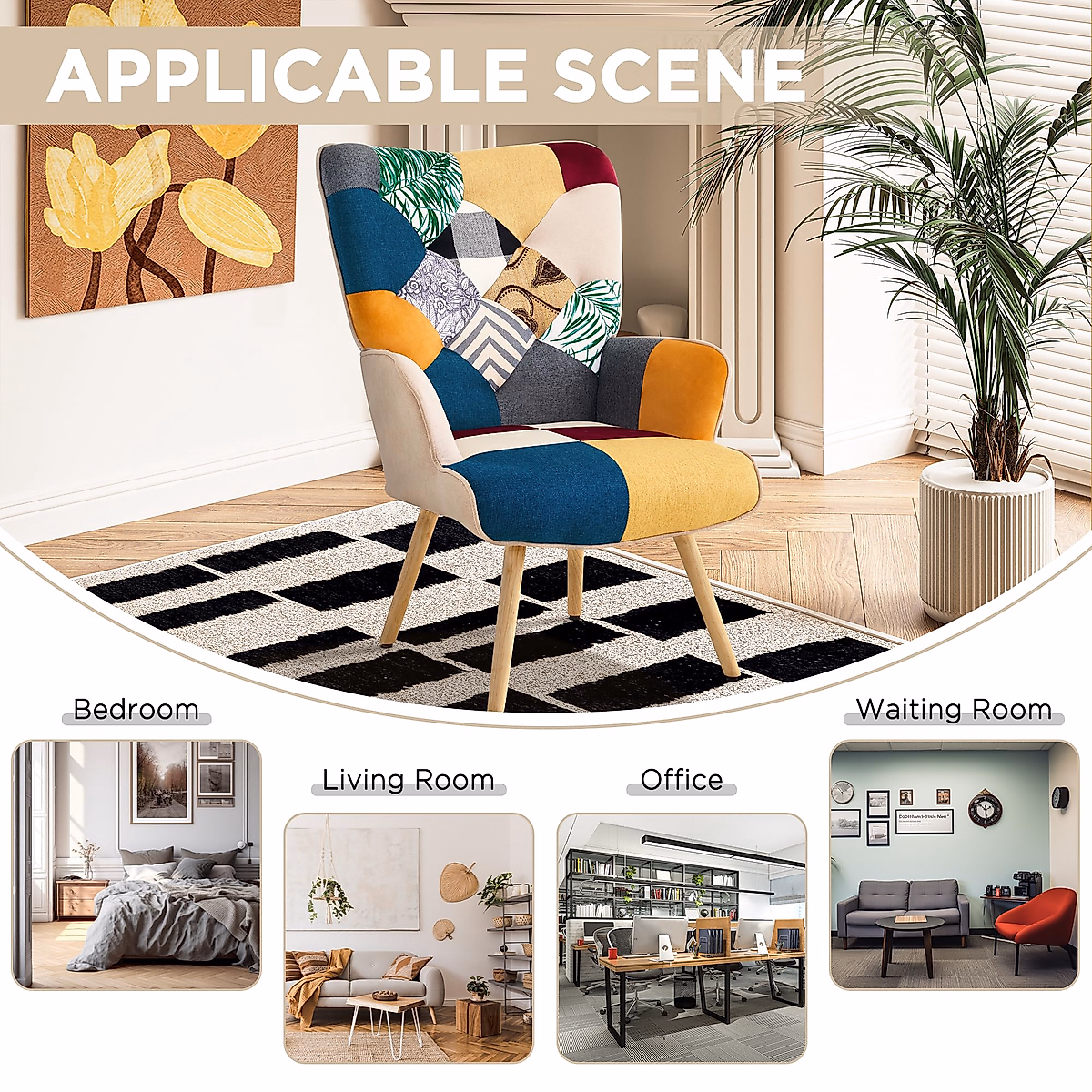 Fahomiss Accent Chair, Living Room Chair, Modern High Back Armchair, Colorful Patchwork Reading Chairs for Bedroom, Lounge Chair with Linen Fabric Shell and Solid Wood Feets (1, Colorful)