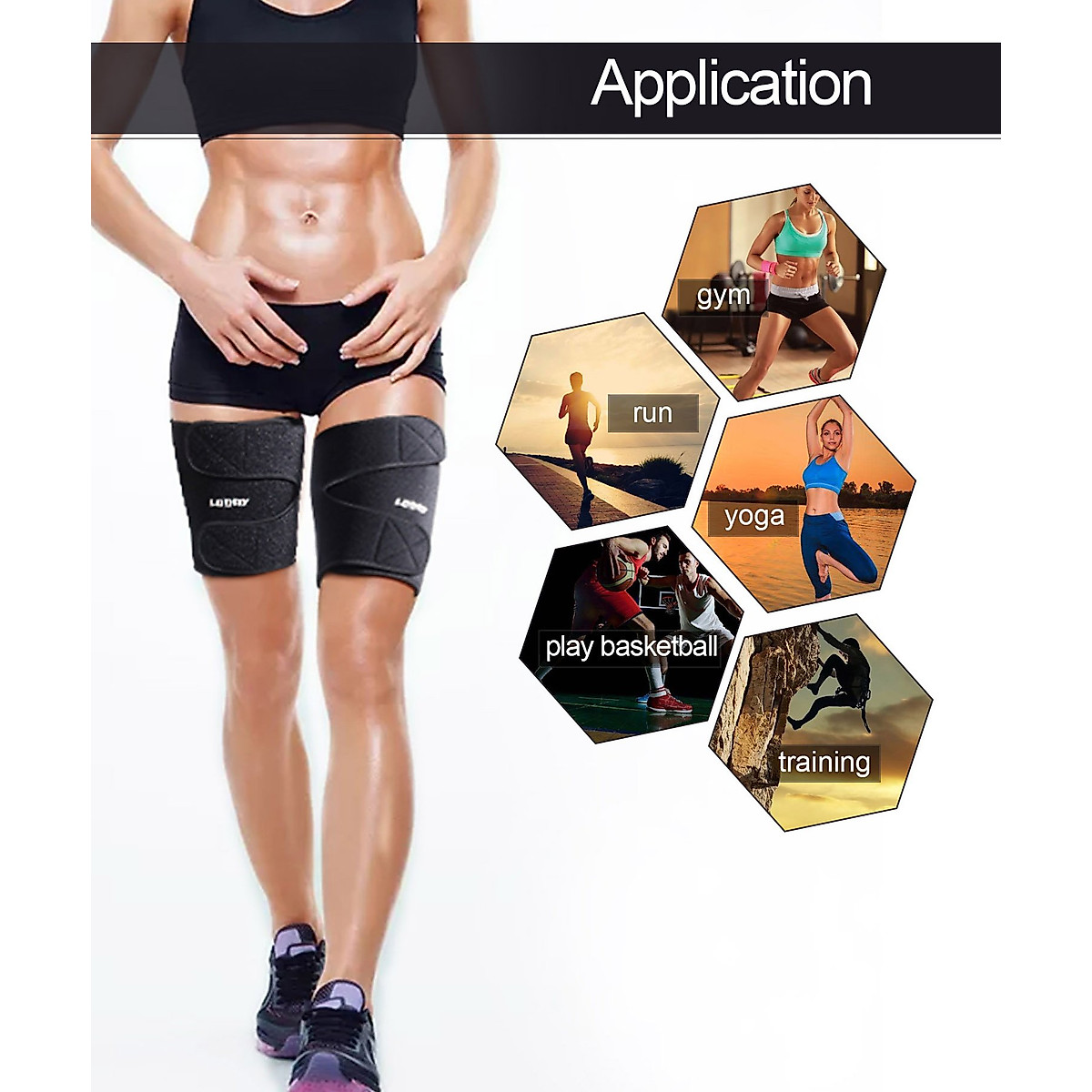 LODAY Neoprene Thigh Brace Support Hamstring Compression Sleeve Adjustable Upper Leg Wraps for Women and Men(a pair)