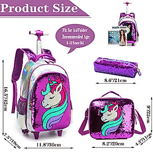 Girls Rolling Backpack Kids Backpacks with Wheels Backpack for Girls for School with Lunch Box Unicorn Reversible Sequin School Bags