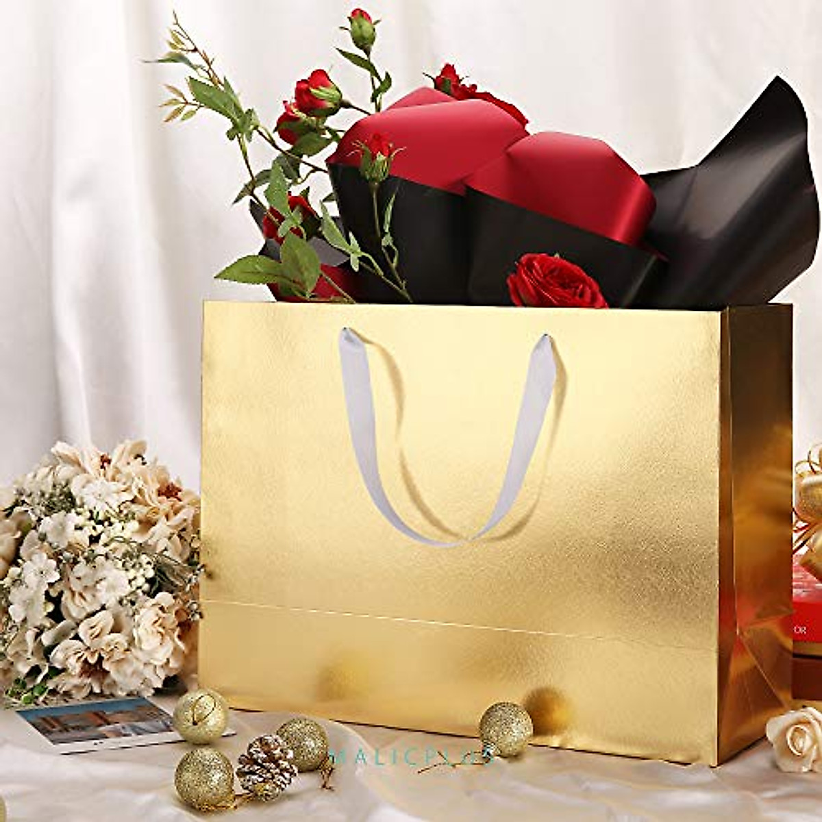 MALICPLUS 12 Extra Large Gift Bags 16x6x12 Inches, Luxury Large Gift Bags with Handles for All Occasions (Gold with Grass Texture)