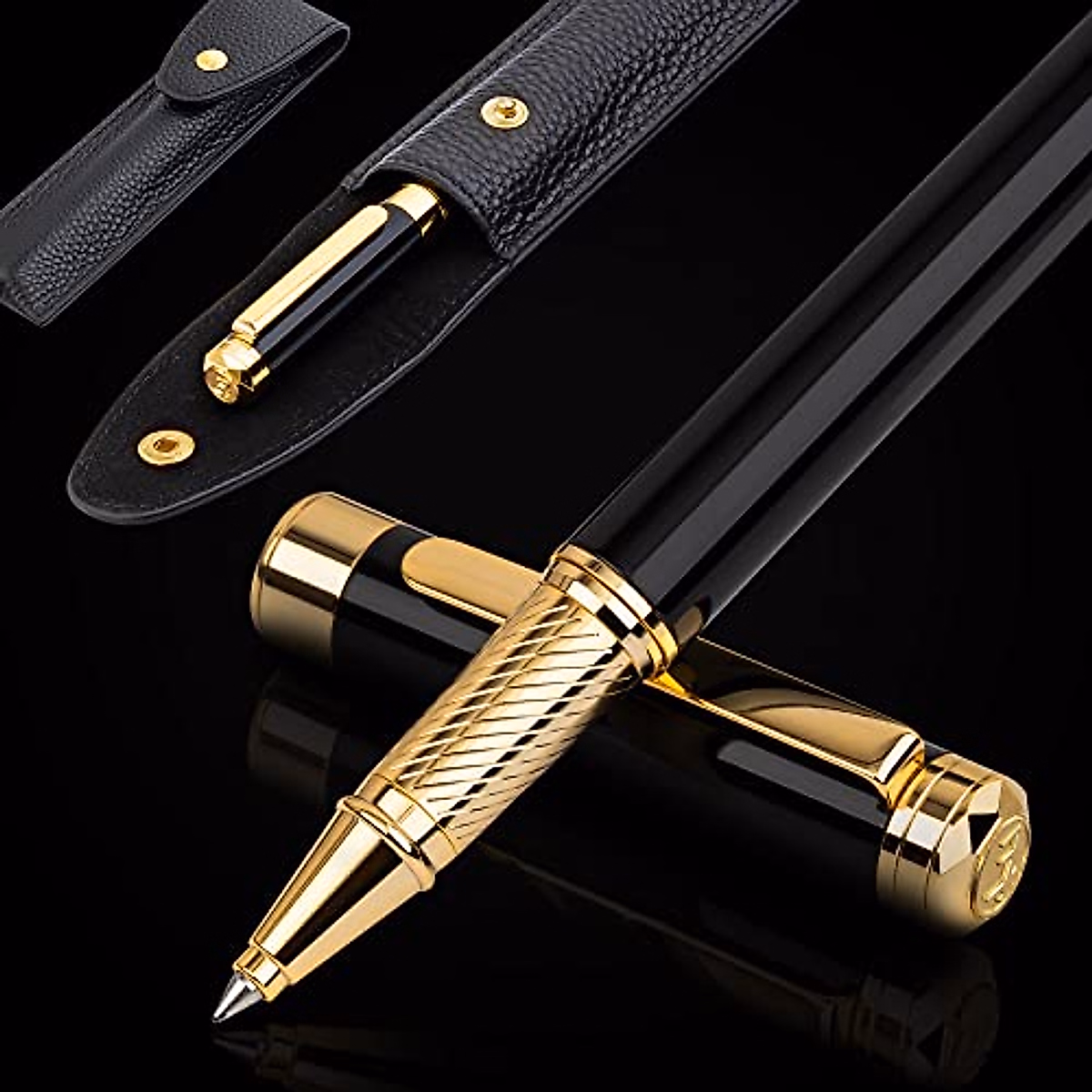Elizo Luxury Pen Fancy Pens Real 24K Gold Plated Trim Leather Pen Case Nice Pen Gift Set Rollerball Schmidt Ink Refill Cool Pens Best Pens Cute Pens EDC Pen Executive Smooth Writing Pens for Men Women