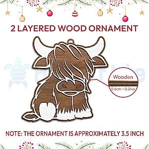 Hyturtle Highland Cow Christmas Ornament Gifts for Cow Lover - Highland Cow Christmas Wood Ornament - Cute Farm Animal Lover Gifts for Women, Girls On Birthday - Xmas Tree Hanging Decoration