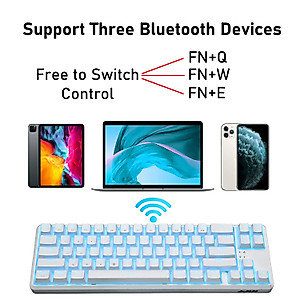 Wireless 60% Mechanical Gaming Keyboard,Ultra-Compact Blue Backlit keyboard Bluetooth 4.0 Tepy C Wired/Wireless Blue Switches Computer Keyboard for Multi-Device iPhone Android Mobile PC Laptop(White)